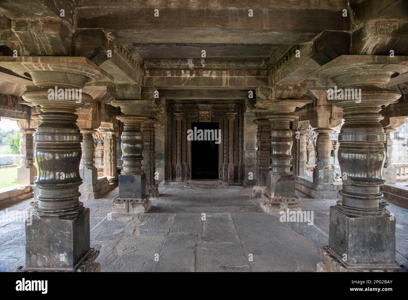 Beautifully carved pillars in Brahma Jinalaya Temple of Lakkundi. It is ...