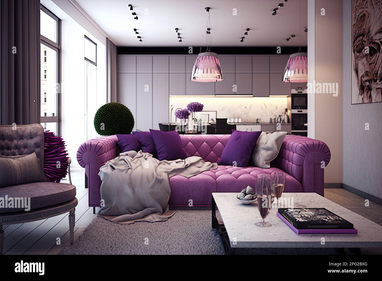 Minimalist purple living room white couch hi-res stock photography and ...