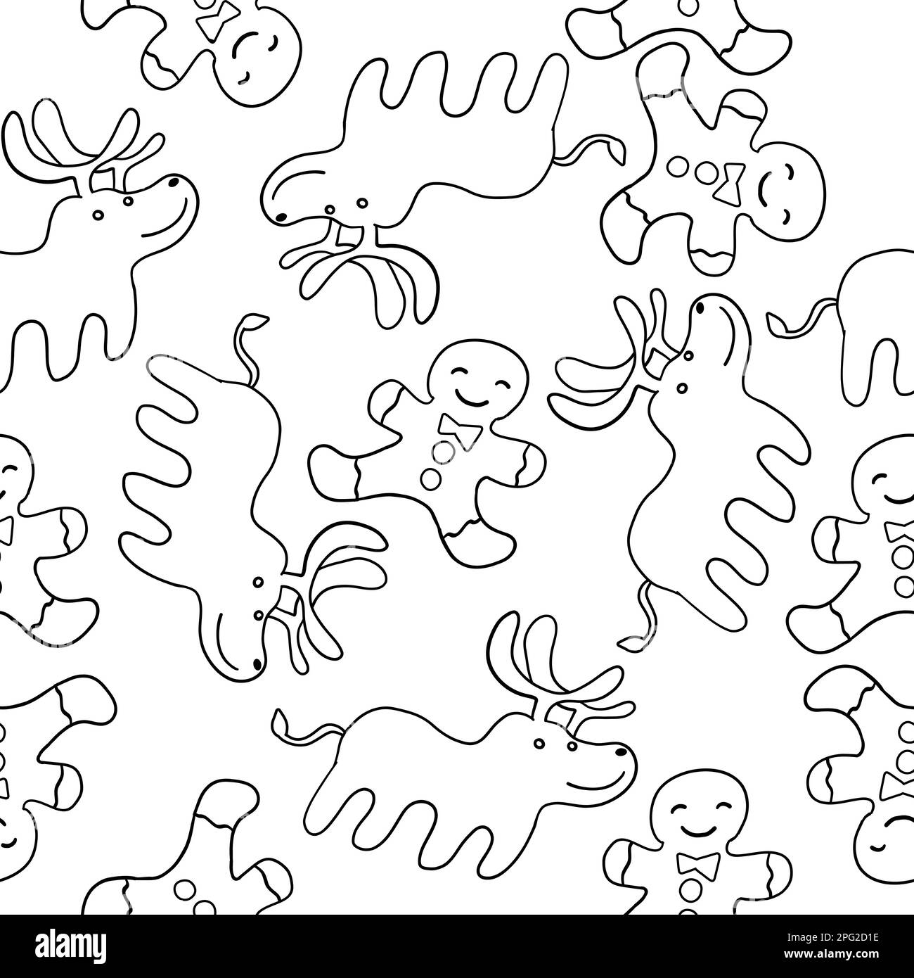 Gingerbread Man and Deer in outline doodle style. Christmas and New ...