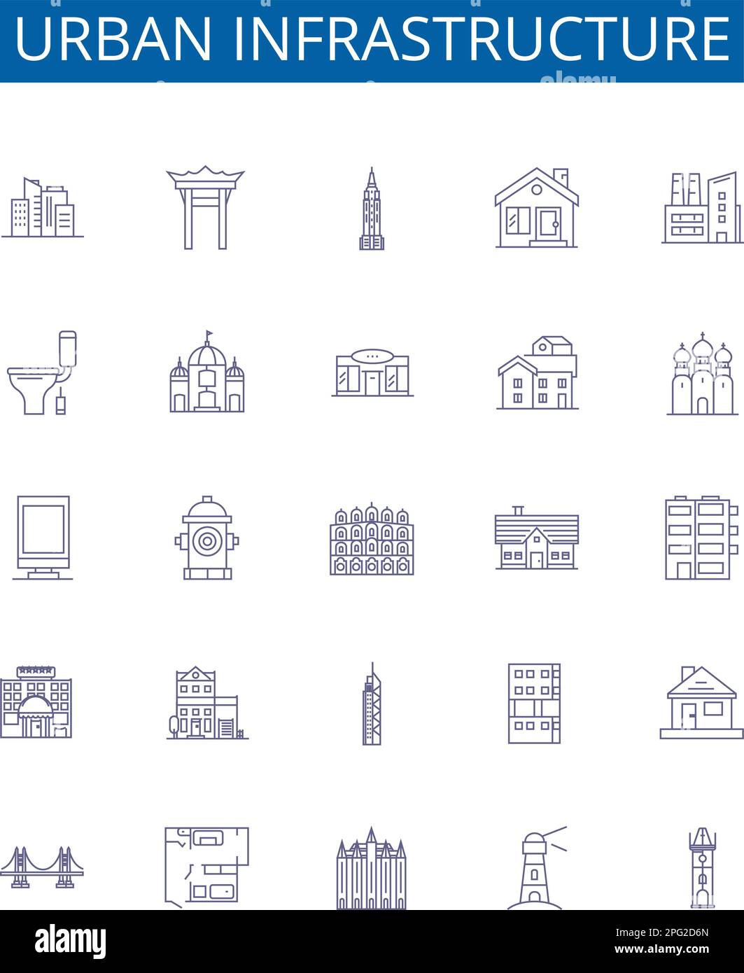 Urban infrastructure line icons signs set. Design collection of Cityscape, Roads, Bridges ...