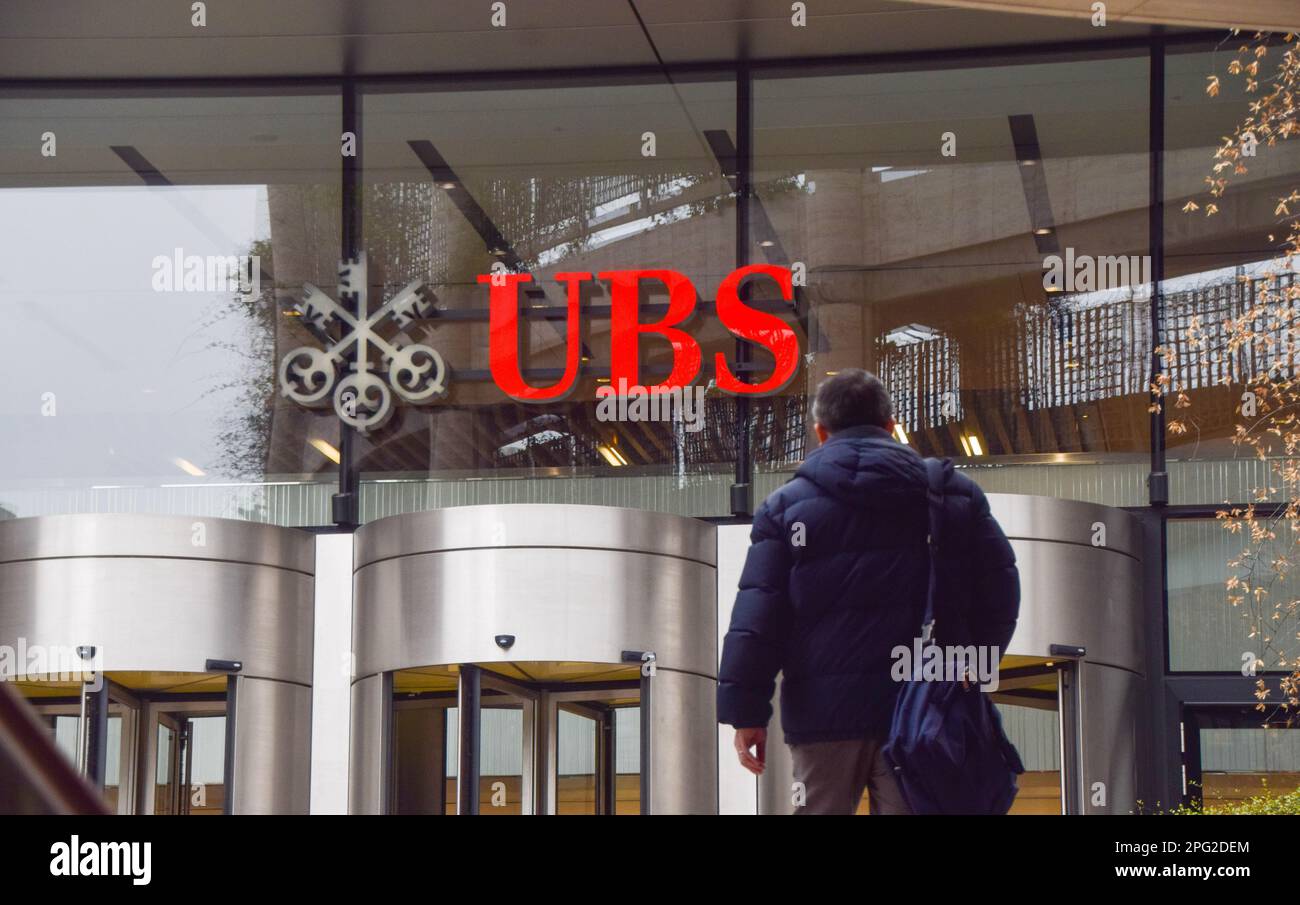 London, UK. 20th March 2023. Exterior view of UBS UK offices in the ...