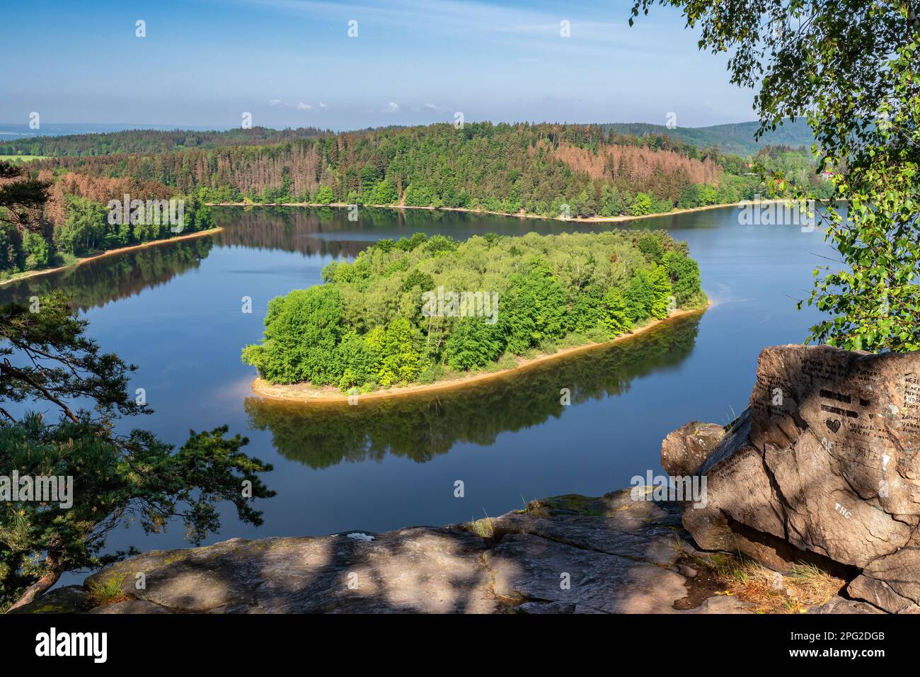 Lake and island with trees. Water reservoir Sec, Czech Republic, Europe ...