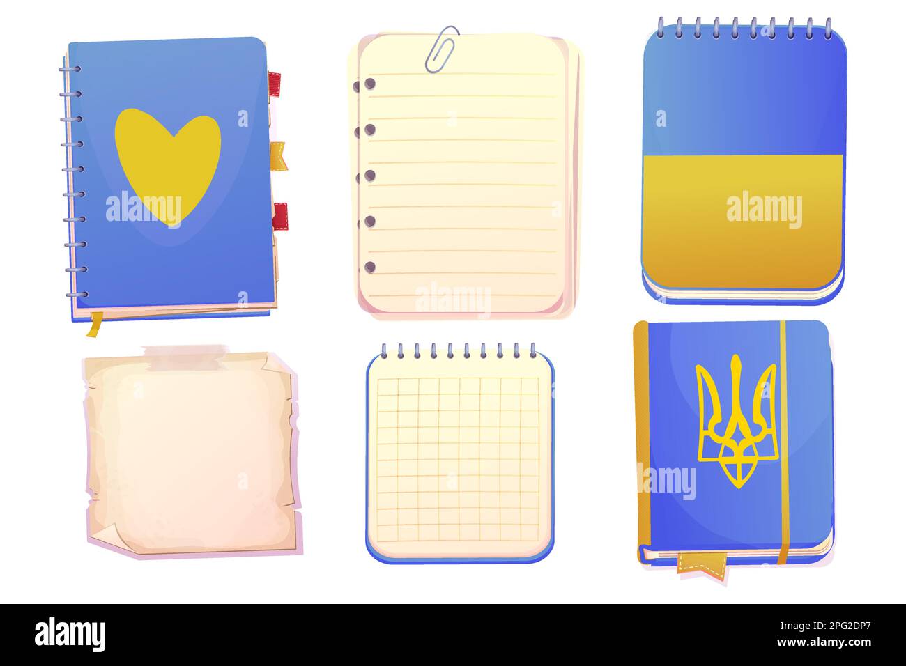Set Ukrainian diary, note book in cartoon style top view, open, closed ...