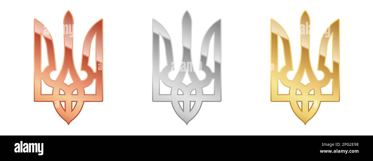 Gold, silver and bronze Tryzub. Coat of arms of Ukraine in the shield ...