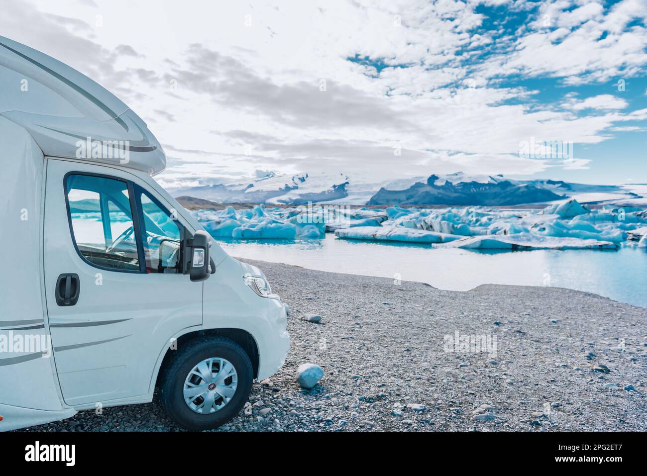 RV motorhome travel. Road trip in Iceland motorhome driving camping van ...