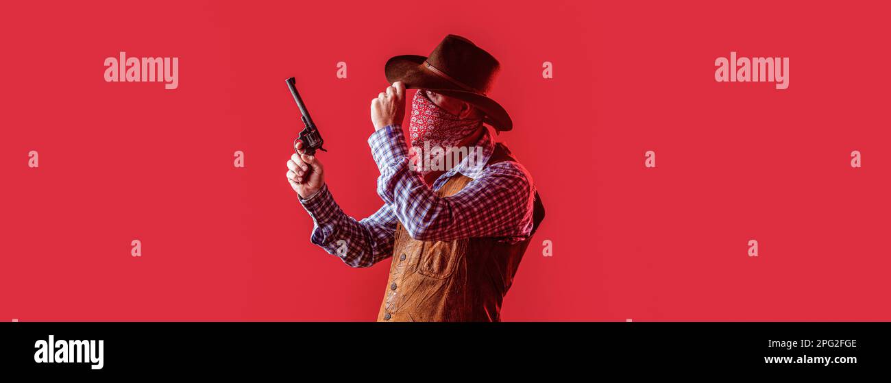 Guy in cowboy hat. American bandit in mask, western man with hat. Man ...