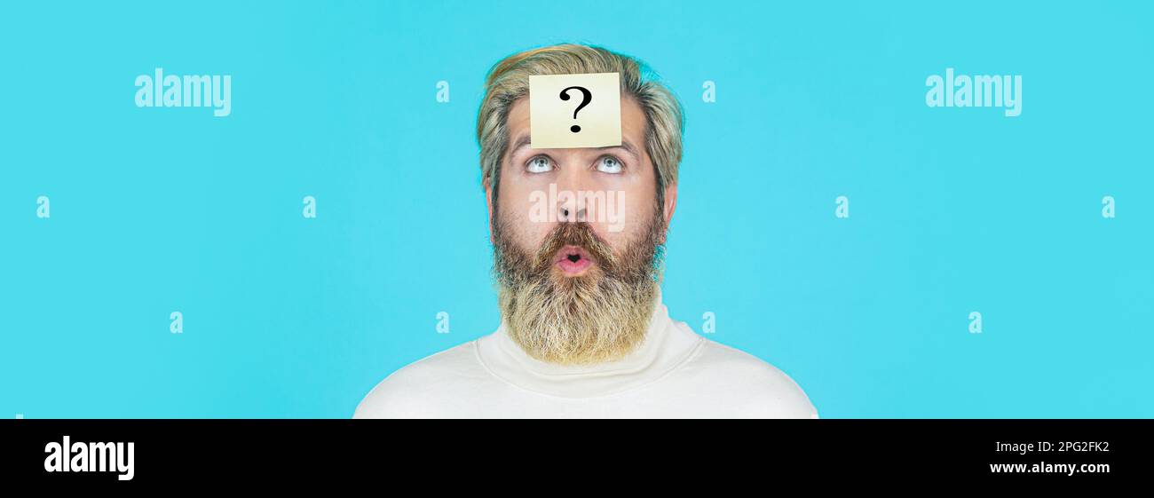 Thinking man with question mark on blue background. Man with question ...