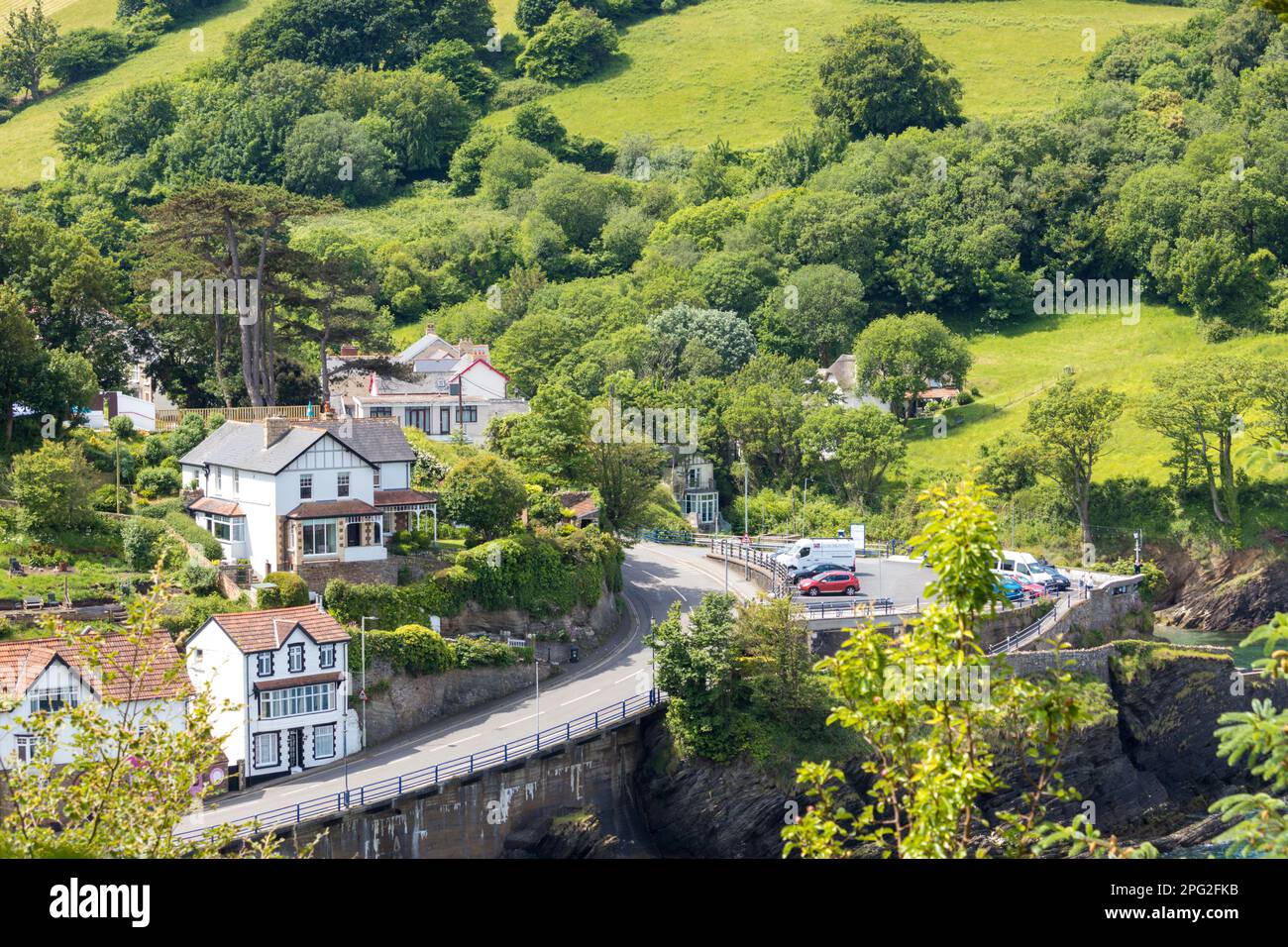 Aerial view of road leading to Combe Martin, Ilfracombe, North Devon ...