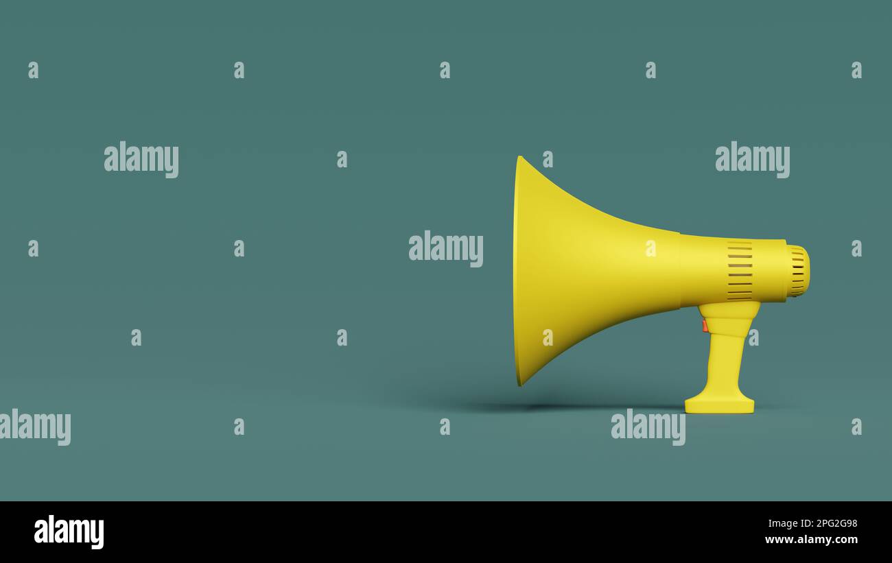 Yellow moutpiece megaphone in green background, 3d rendering. Public ...