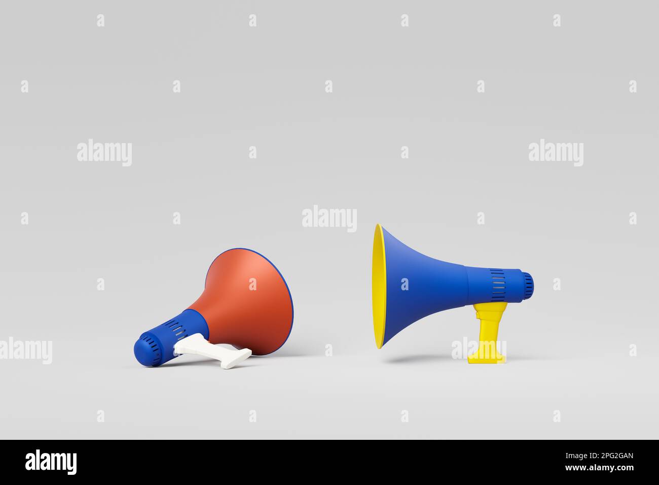 Two megaphones in Russia and Ukraine flag colours, 3d rendering ...