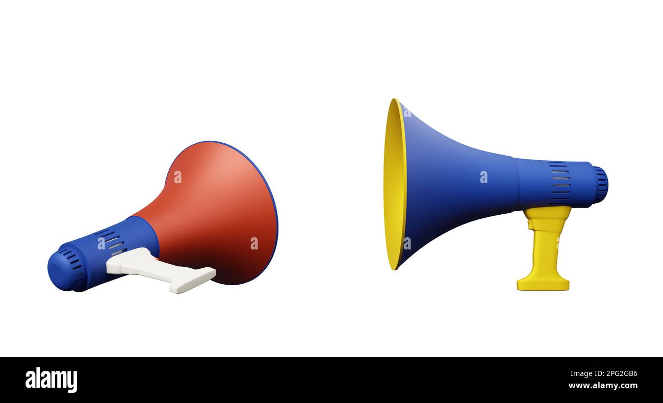 Isolated megaphones in Russia and Ukraine flag colours, 3d rendering ...