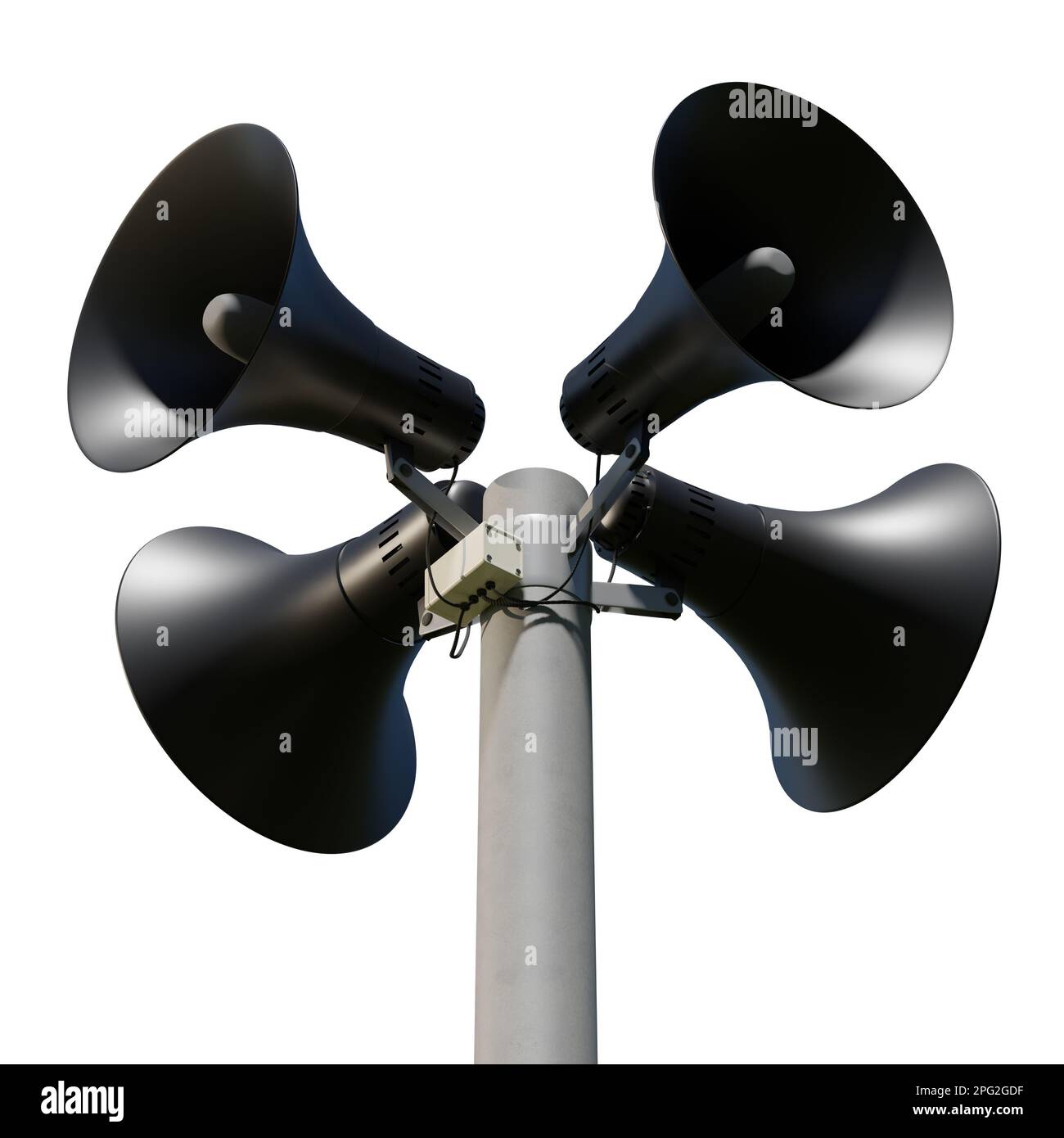 Black public address notification megaphones on a post, 3d rendering ...