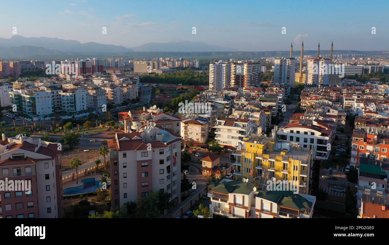 Aerial view of urban landscape with view of multi-storey colored houses ...