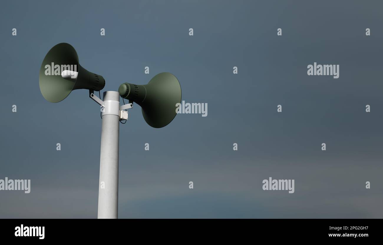 public address notification megaphones on a post, 3d rendering. Outdoor ...