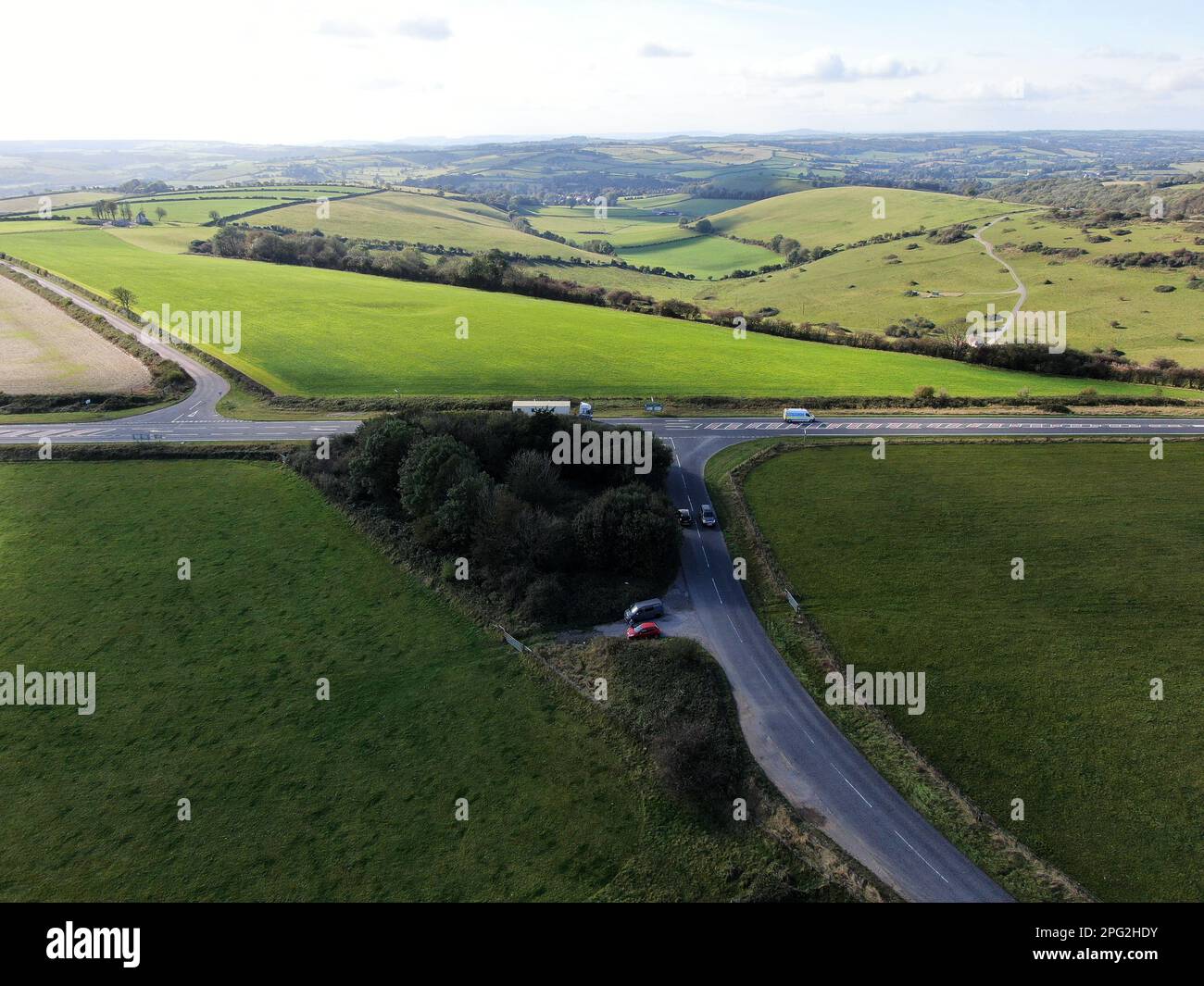 An aerial view of a staggered crossroads in a rural landscape Stock ...