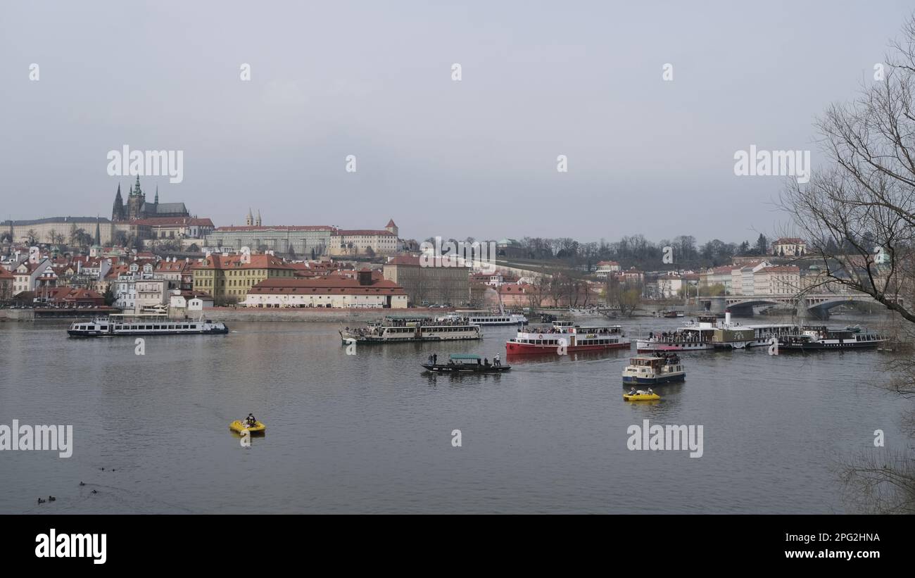 Historic steamboat (paddle steamers) Labe with tourists at Vltava River ...