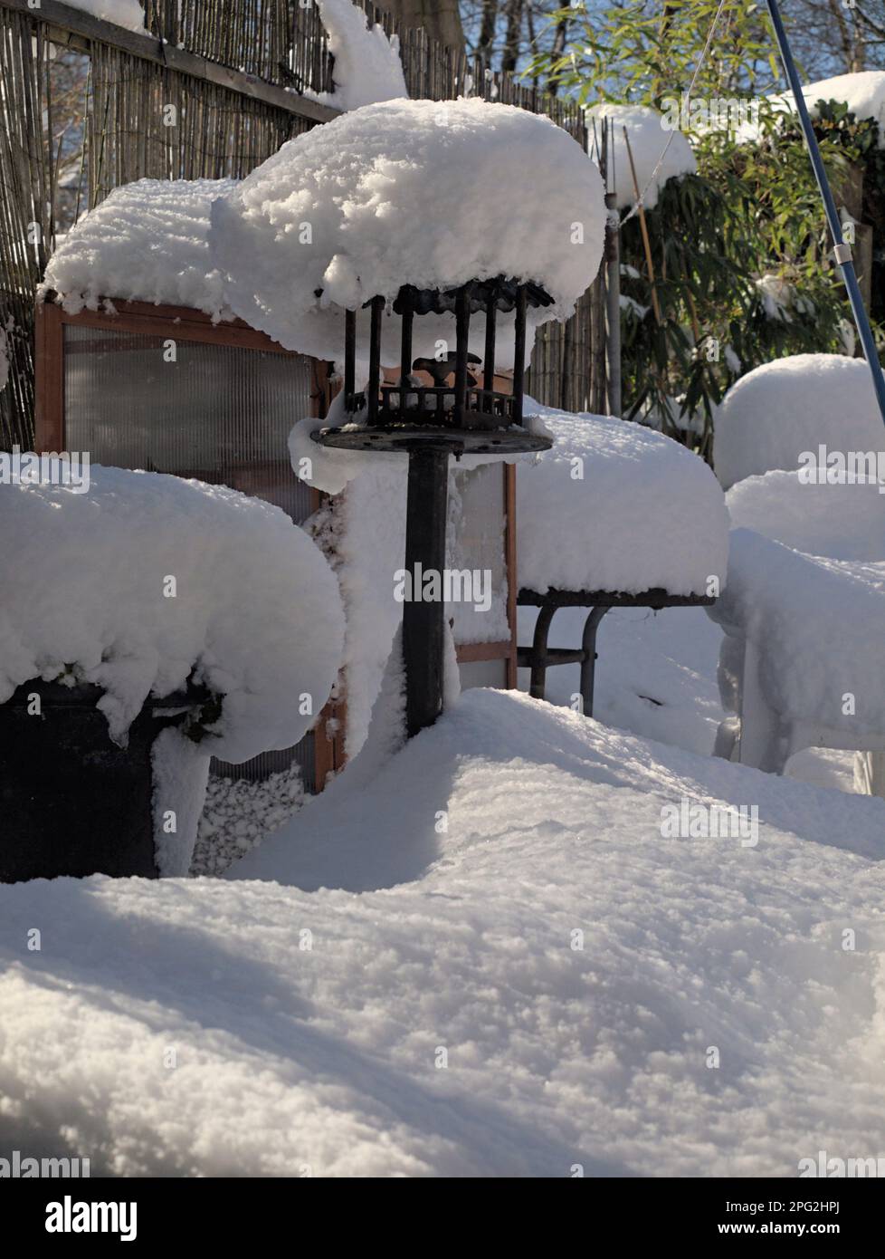 Snow on a bird table in Marsden Stock Photo - Alamy