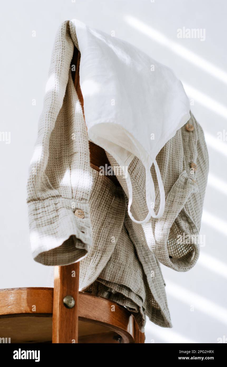 Close up white handmade linen top and natural waffle linen shirt on ...