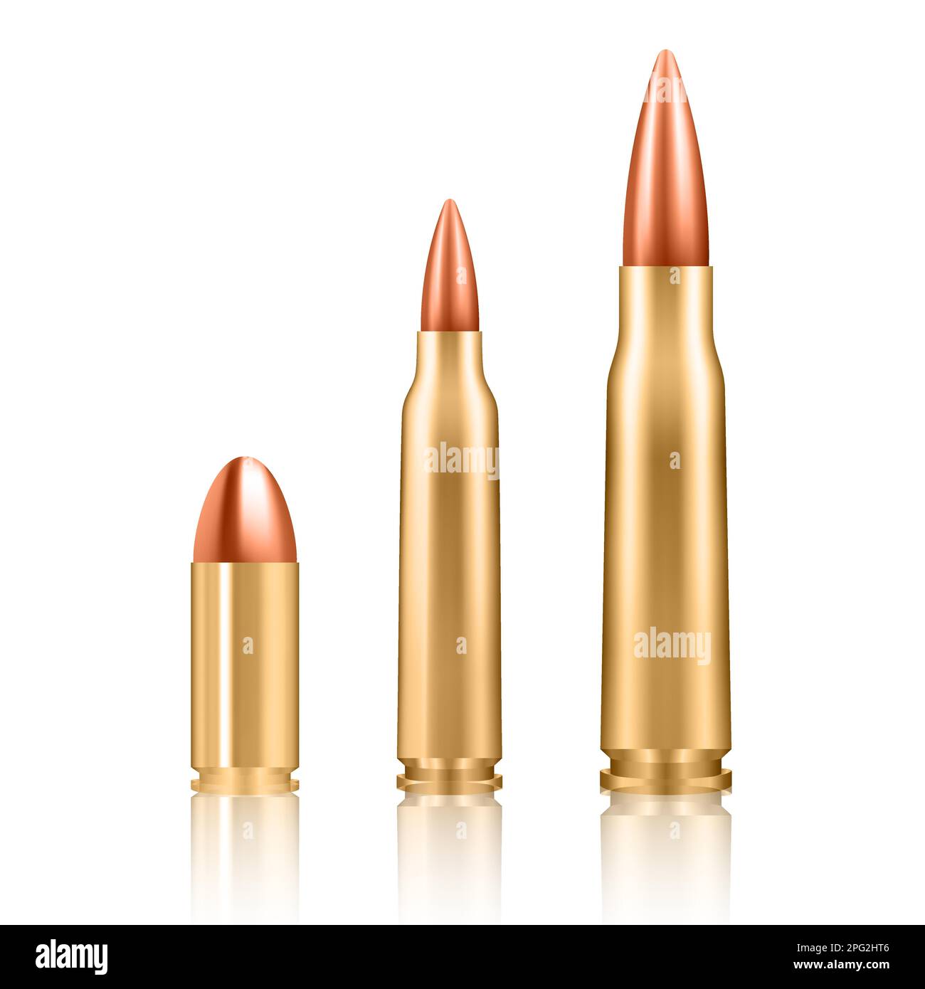 Gold metal bullet set isolated on white background - different types ...