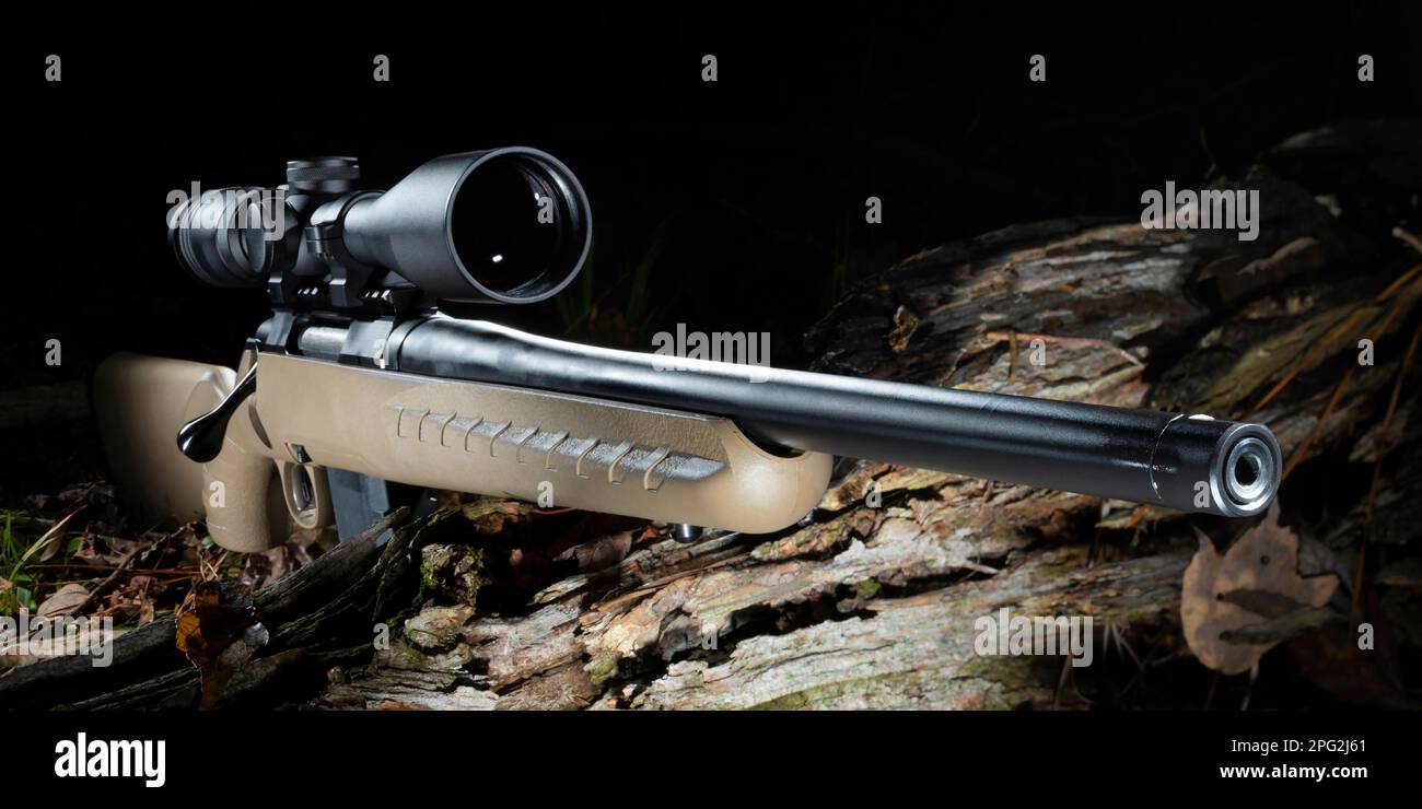 Bolt action firearm with a high powered riflescope in the forest on a ...