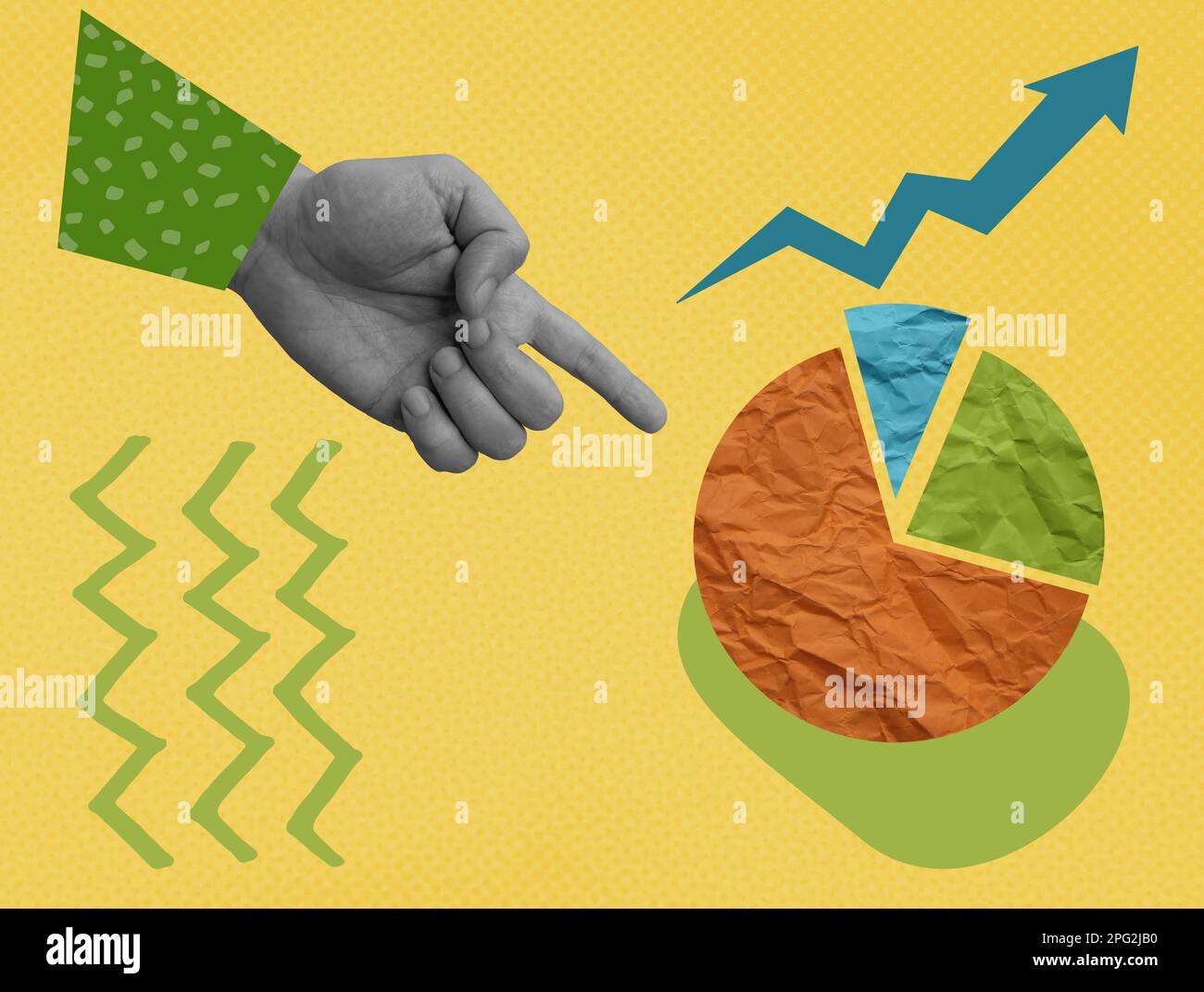 Collage with hand, charts and arrow as concept of business growth and ...