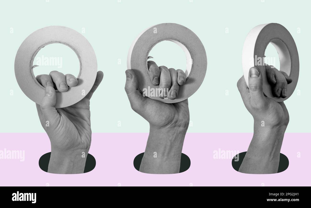 Art collage of hands with scotch tape on a surreal background. Concept ...
