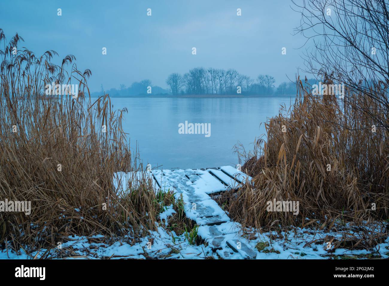 A snow-covered wooden platform in the reeds and a frozen misty lake ...