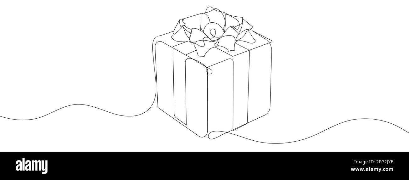 Single one line drawing open white gift box with ribbon and bow ...