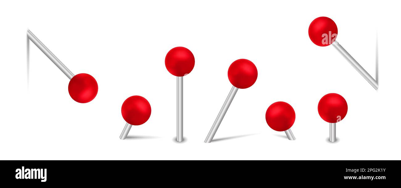 Red pins. Attach buttons on needles, pinned office thumbtack. Vector ...