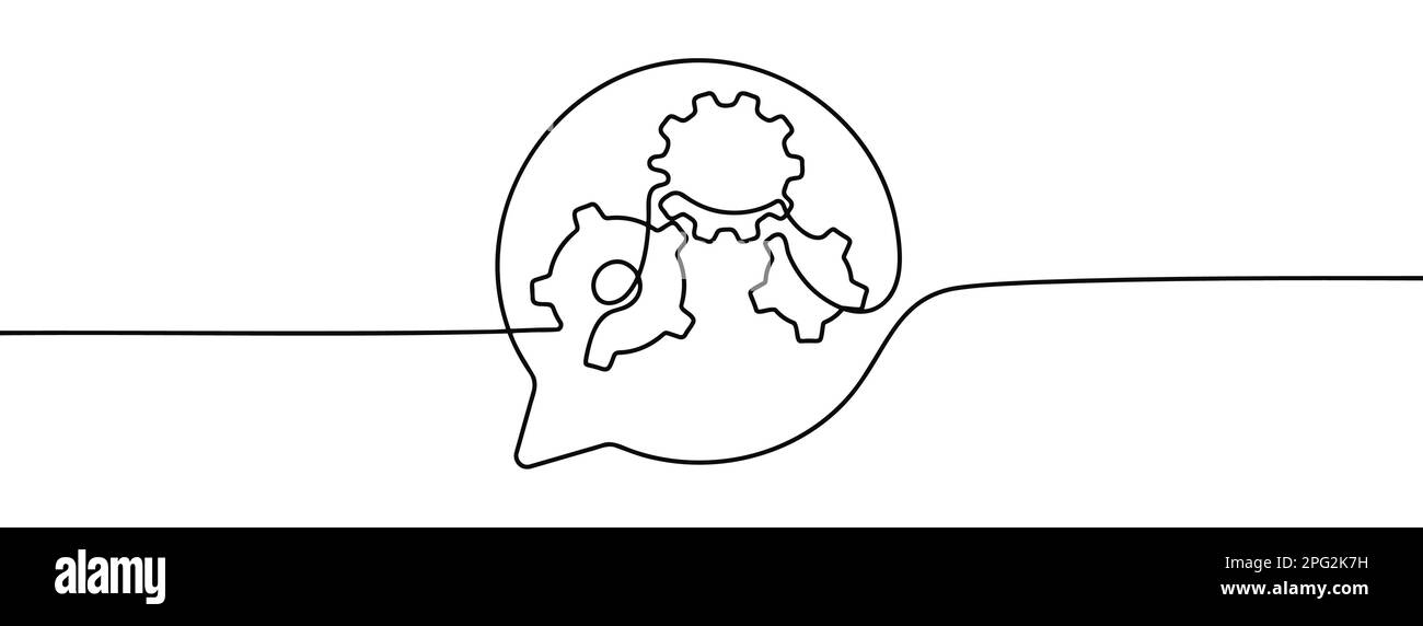 Continuous one line drawing of gears and speech bubble. Trendy line art vector on a white ...