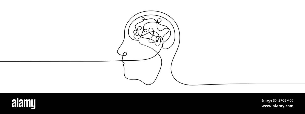 One line illustration of man head with brain. Continuous. Vector ...