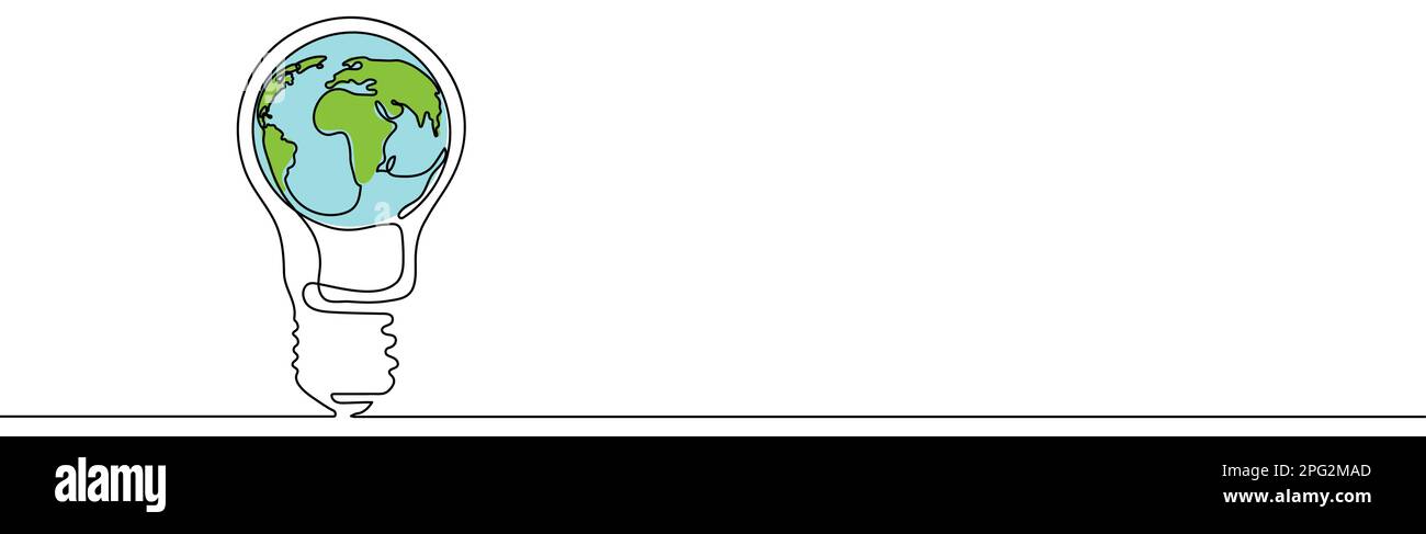 Earth globe inside lightbulb in one continuous line drawing. Green ...