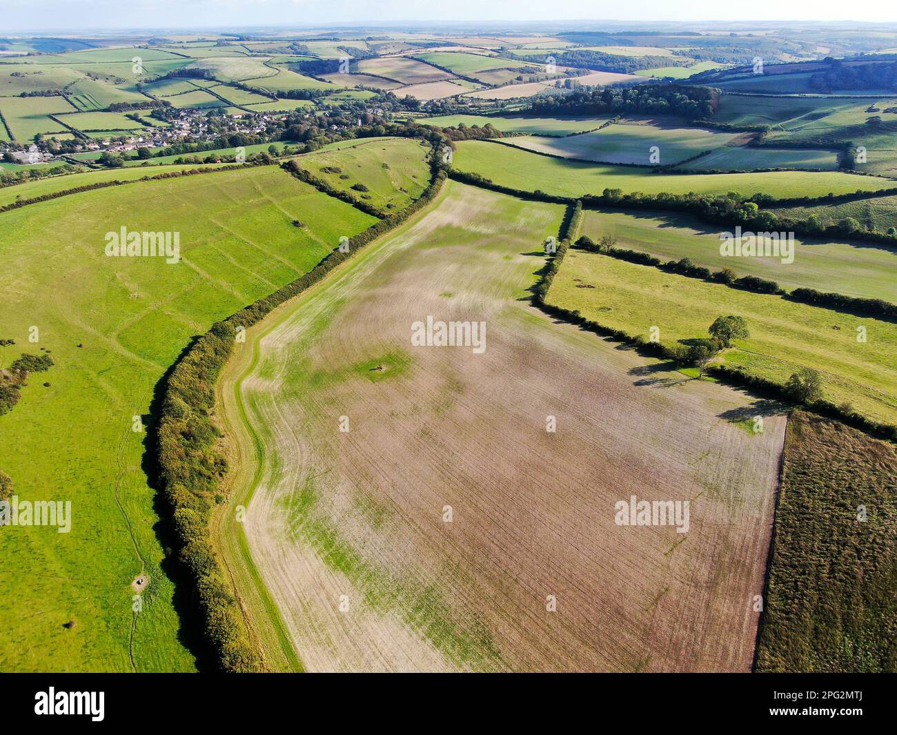 An aerial picture of beautiful rolling countryside in Dorset in the UK ...