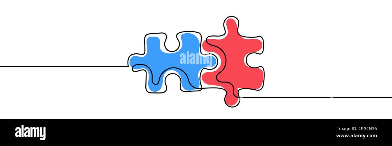 Puzzle one line vector illustration. Blue and red puzzles, continuous ...