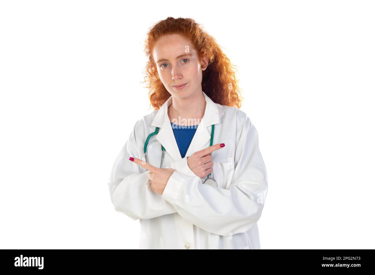 Cute redhead doctor in lab coat isolated on a white background Stock ...