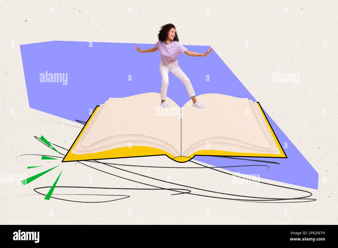 Creative minimal collage photo of young funny girl sliding open empty ...