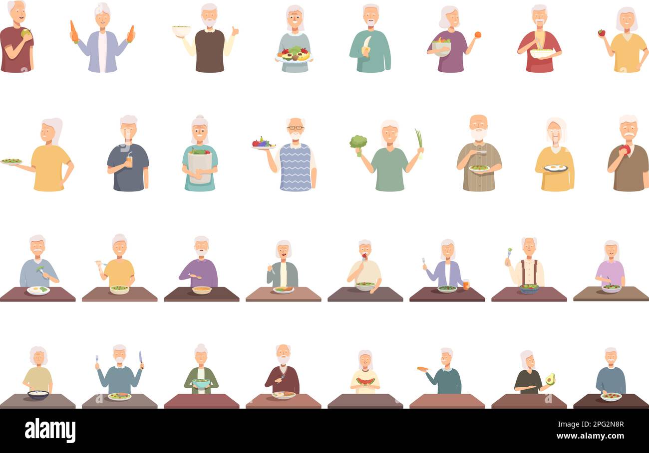 Senior people eat healthy food icons set cartoon vector. Old woman. Happy health Stock Vector ...