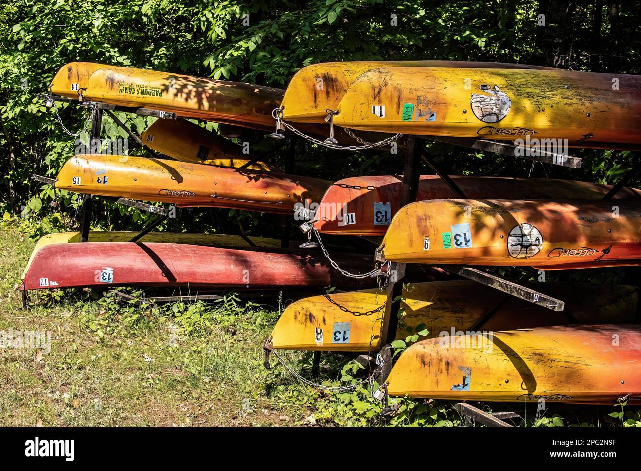 Orange canoes all stacked up in a row at St. Croix State Park in ...