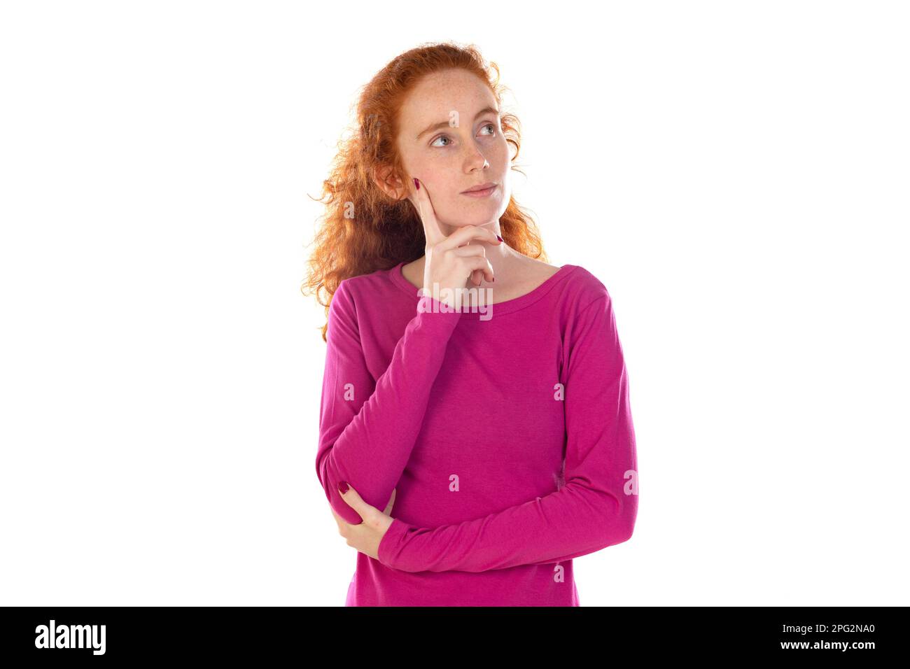 Photo of thoughtful delighted woman, imagines something, has wavy ...