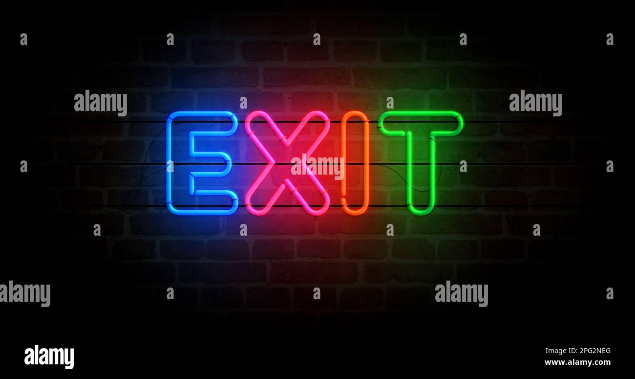 Exit neon symbol. Emergency danger and escape light color bulbs ...
