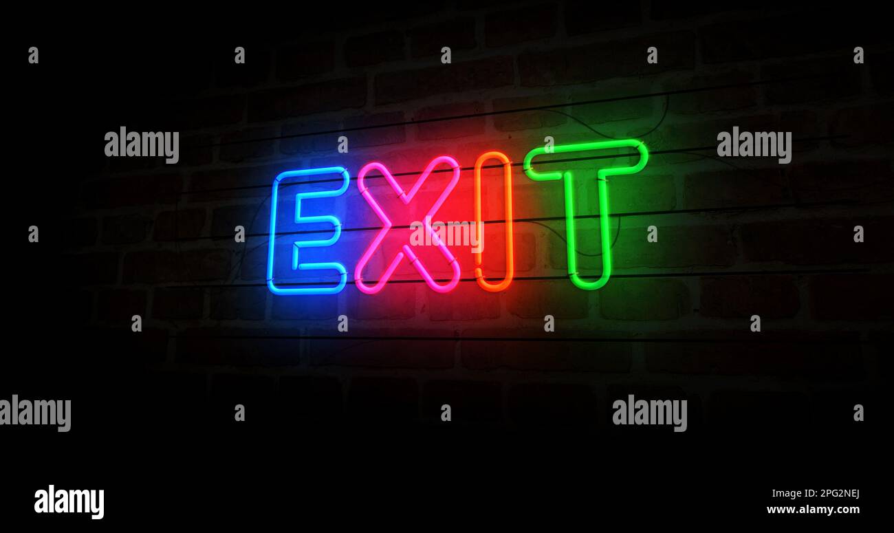 Exit neon symbol. Emergency danger and escape light color bulbs ...