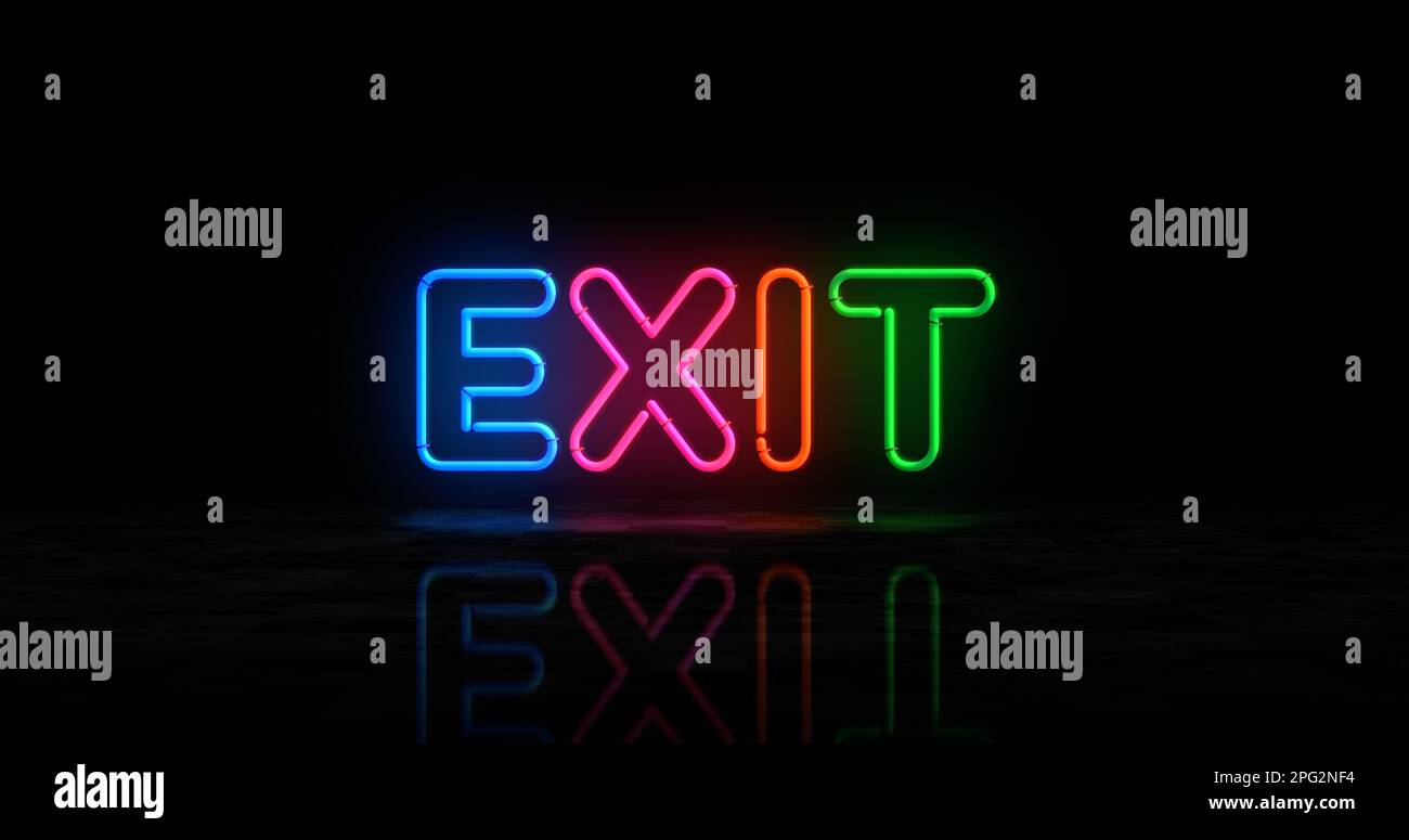 Exit neon symbol. Emergency danger and escape light color bulbs ...