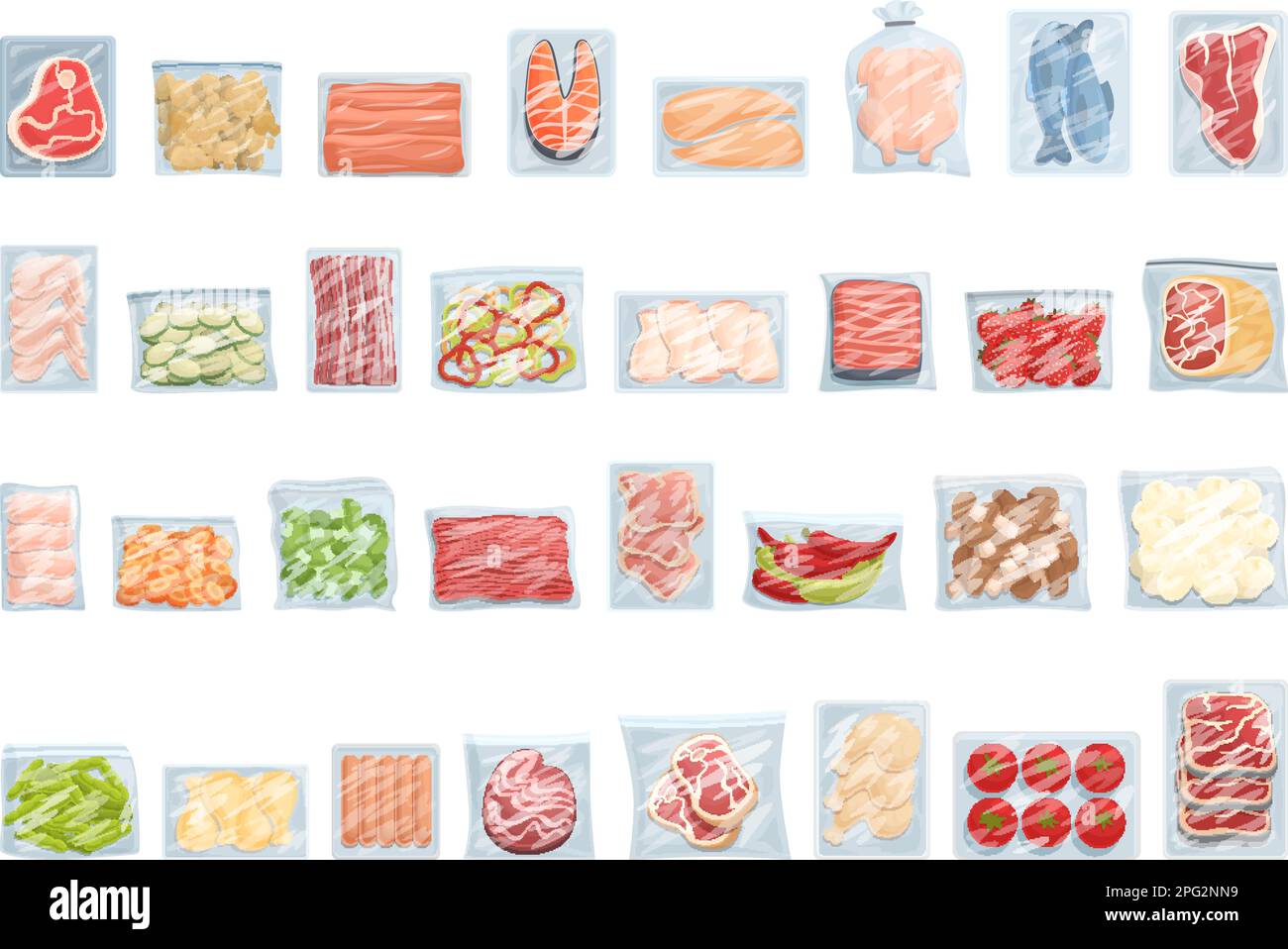 Frozen food icons set cartoon vector. Chicken bag. Vegetable product ...