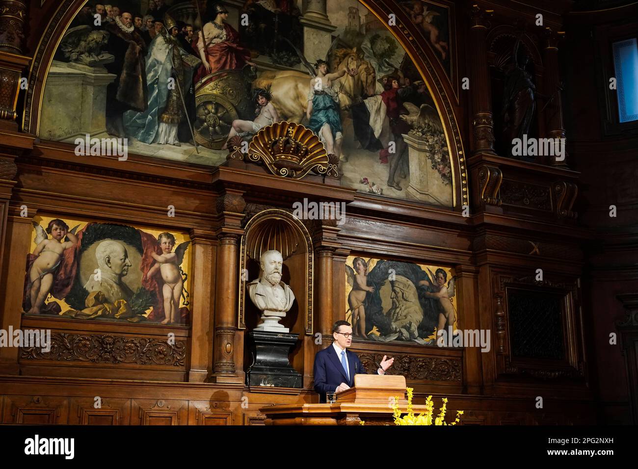 Poland's Prime Minister Mateusz Morawiecki delivers his speech about ...