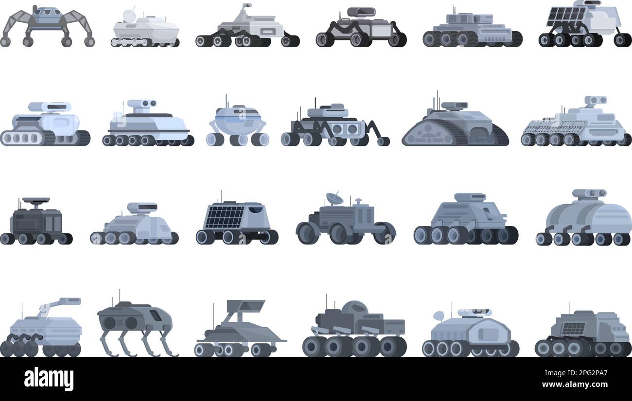 Robotics in space icons set cartoon vector. Machine space. Planet robot ...