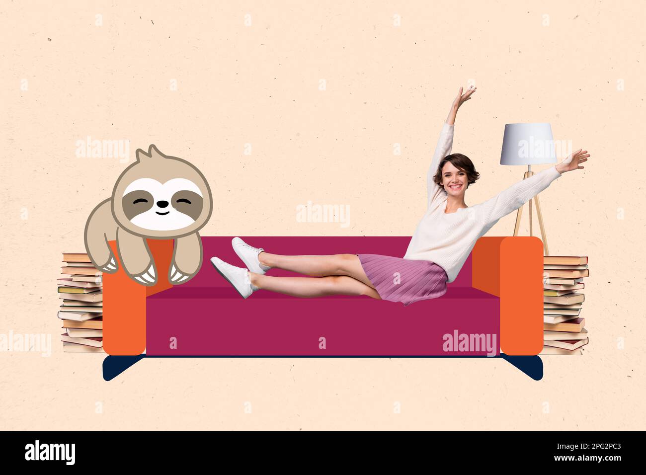 Collage ad of carefree girl raised hands up lying house sofa with ...