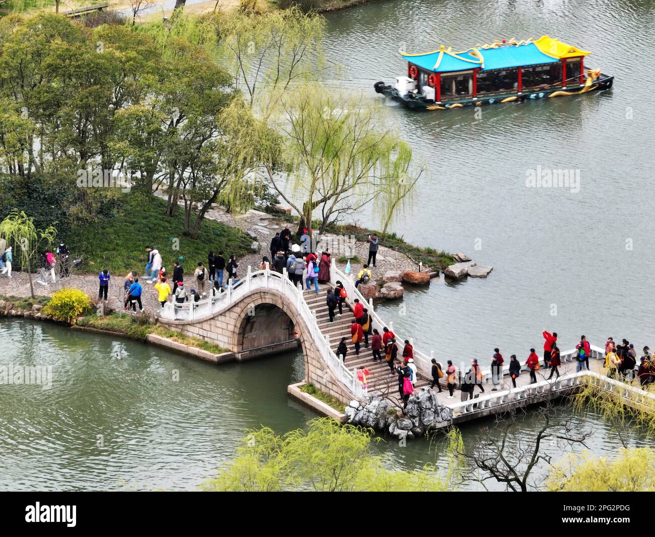 Aerial photo shows the spring scenery in Slender West Lake scenic area ...