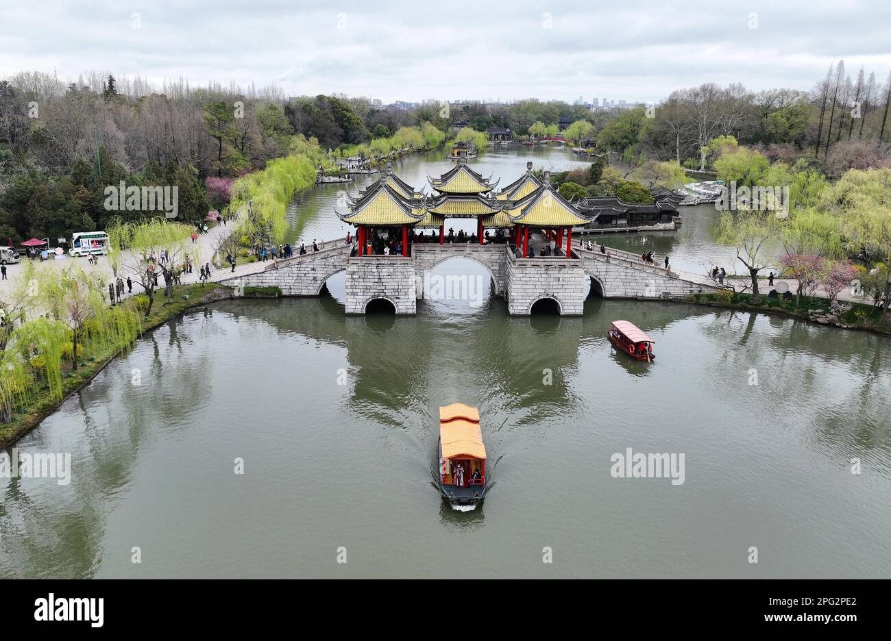 Aerial photo shows the spring scenery in Slender West Lake scenic area ...