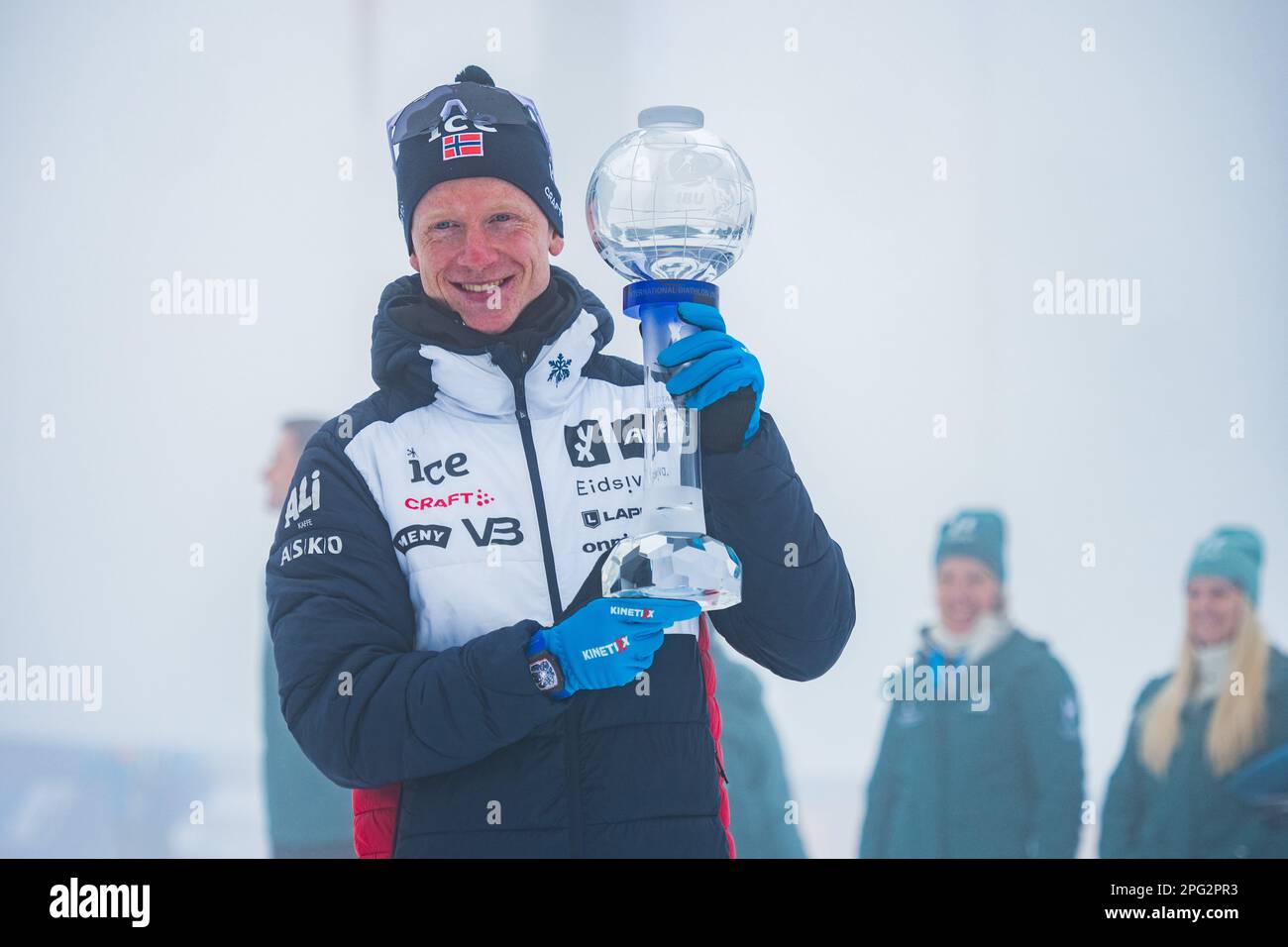 Norwegian athlete Johannes Thingnes Boe receiving a big crystal globe ...