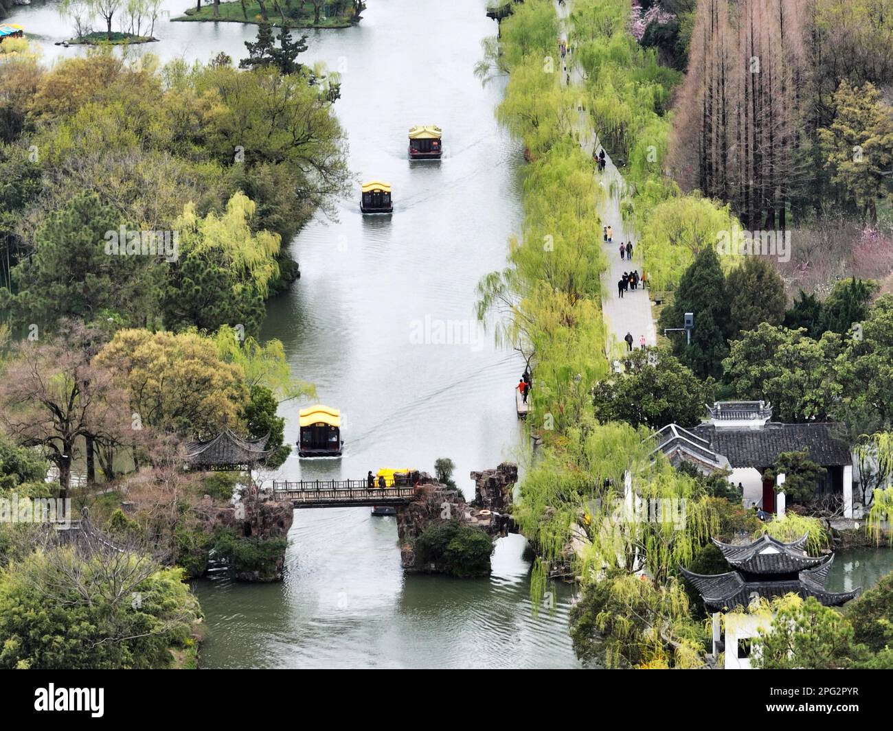 Aerial photo shows the spring scenery in Slender West Lake scenic area ...